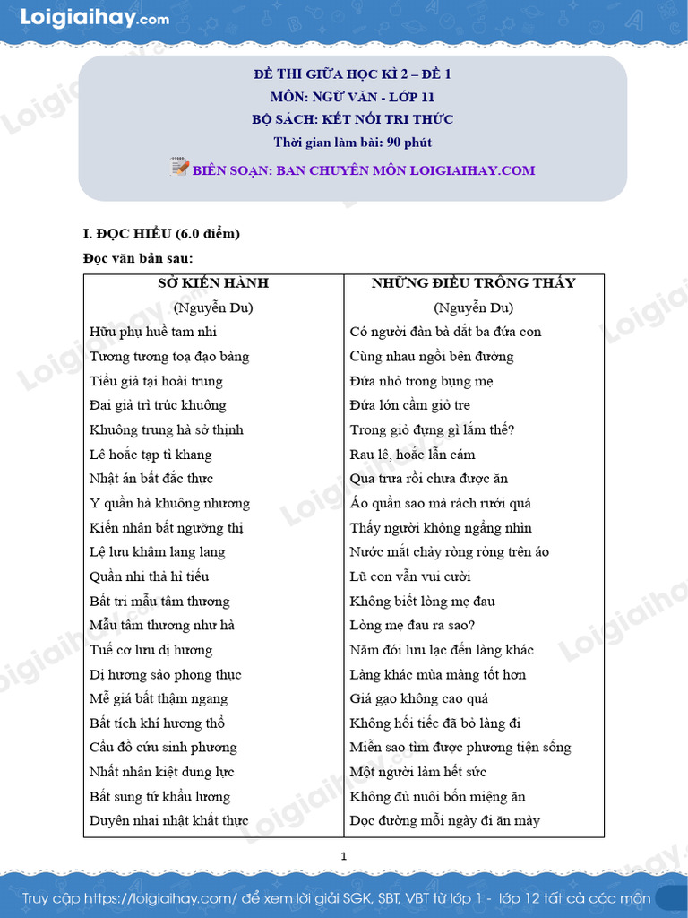 De Thi Giua Ki 2 Van 11 Ket Noi Tri Thuc de So 1 1704874358 | PDF