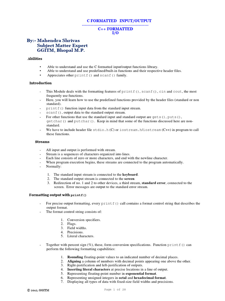 Printf And Scanf Pdf Pointer Computer Programming Parameter