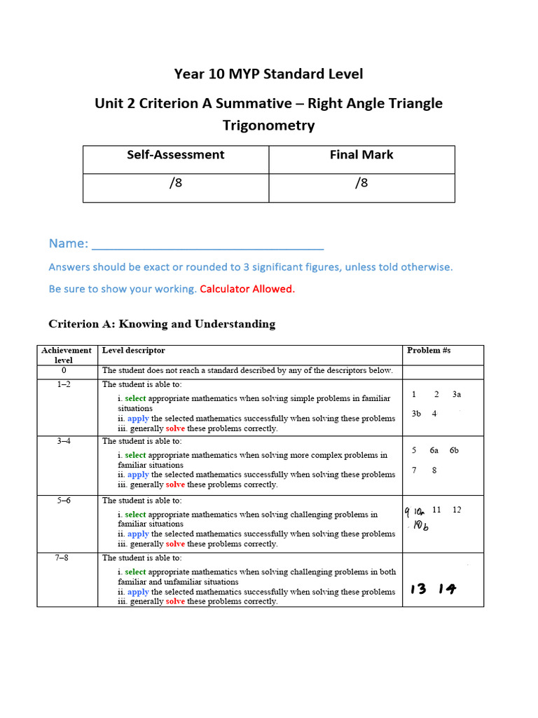 Summative Crit A - Unit 2 - Right Angle Trigonometry 2024 Answer Keys | Download Free PDF ...