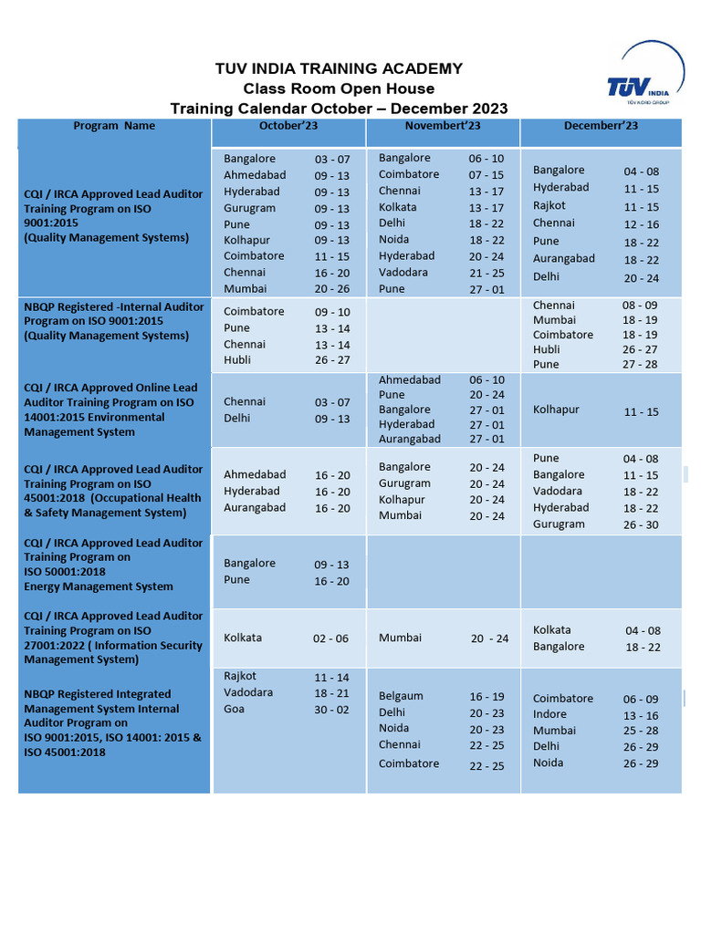 TUV India Training Academy Class Room Open House Training Calendar Oct ...