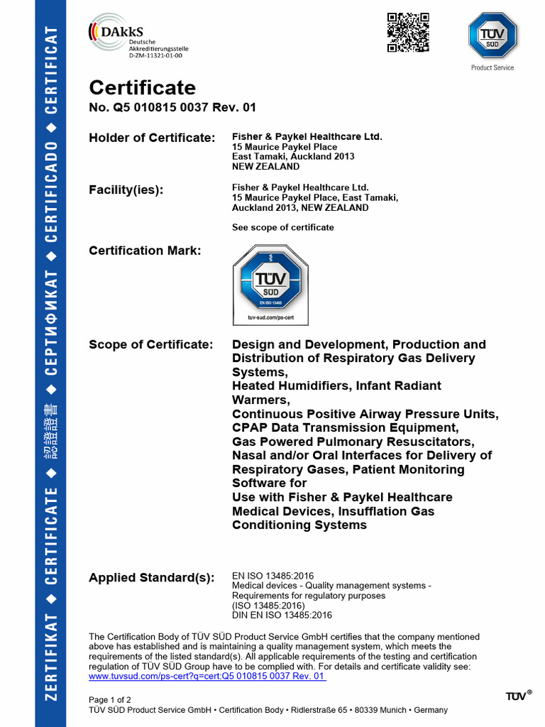 FISHER AND PAYKEL_ISO_13485_CERTIFICATE | PDF | Medical Device | Health ...
