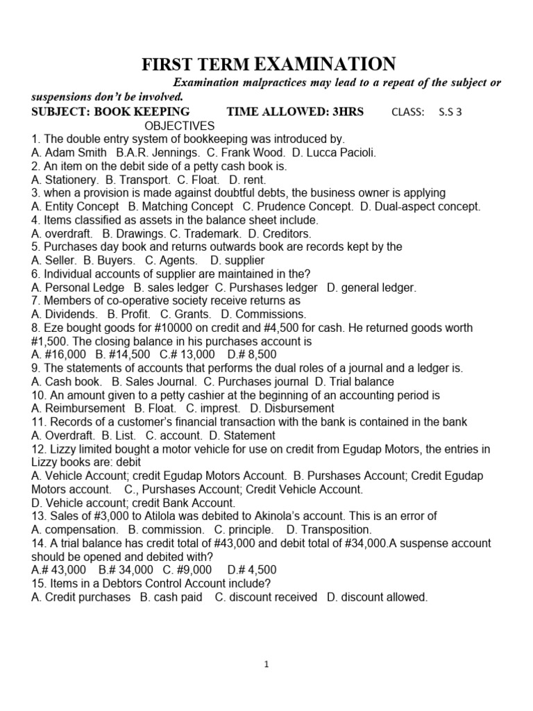 SS 3 FIRST TERM BOOK KEEPING EXAMINATION | PDF | Debits And Credits ...