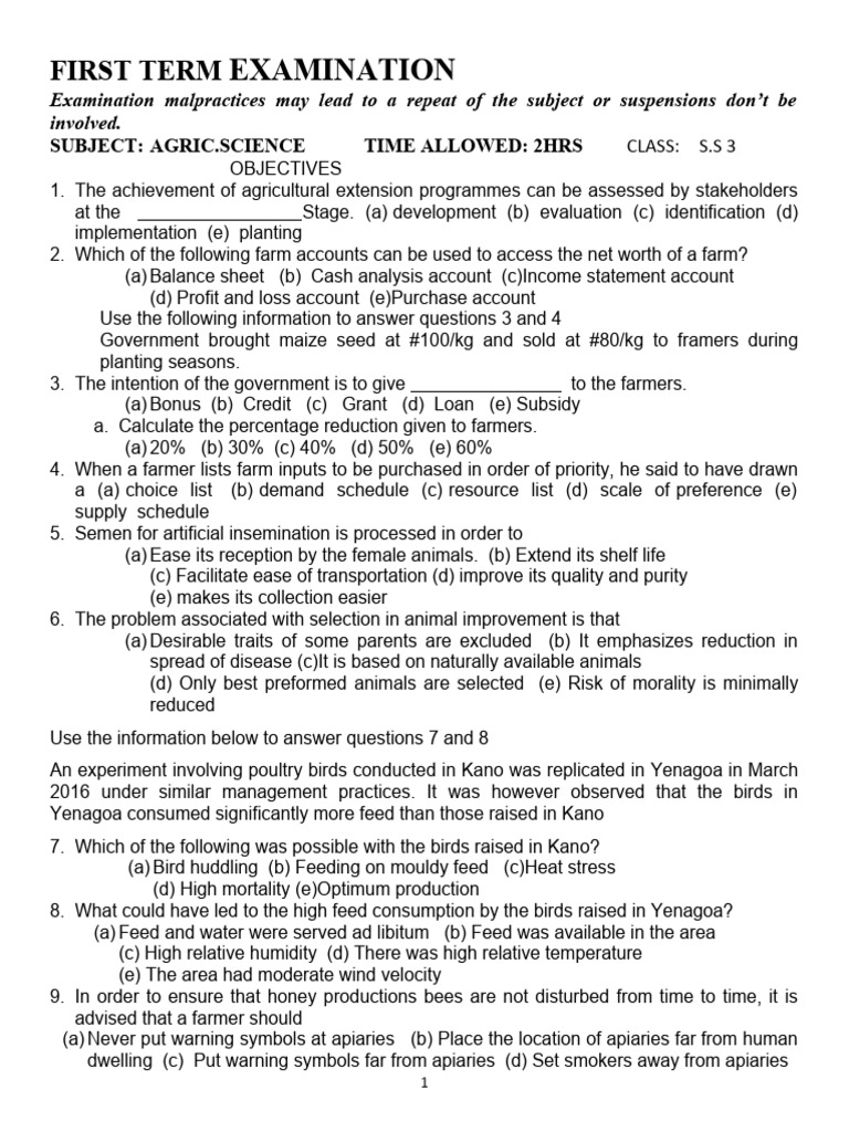 SS3 Agricultural Science Exam Questions | PDF | Soil | Agriculture