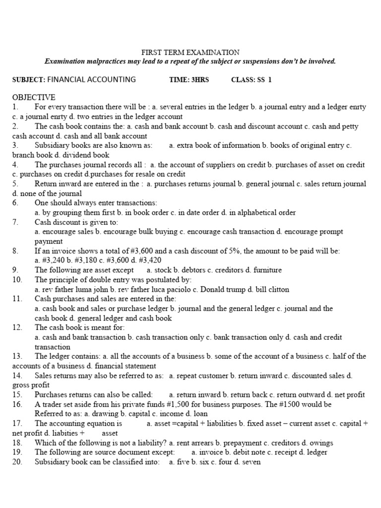Ss 3 First Term Account Examination-1 | PDF | Debits And Credits ...