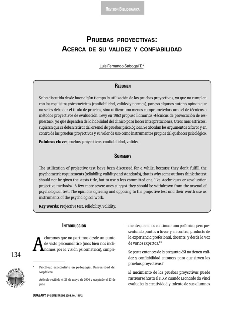 Pruebas Proyectivas - Acerca de Su Validez y Confiabilidad | PDF