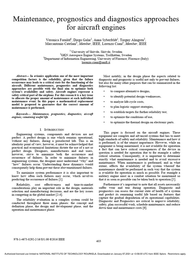 Maintenance, Prognostics and Diagnostics Approaches For Aircraft Engines | PDF | Reliability ...