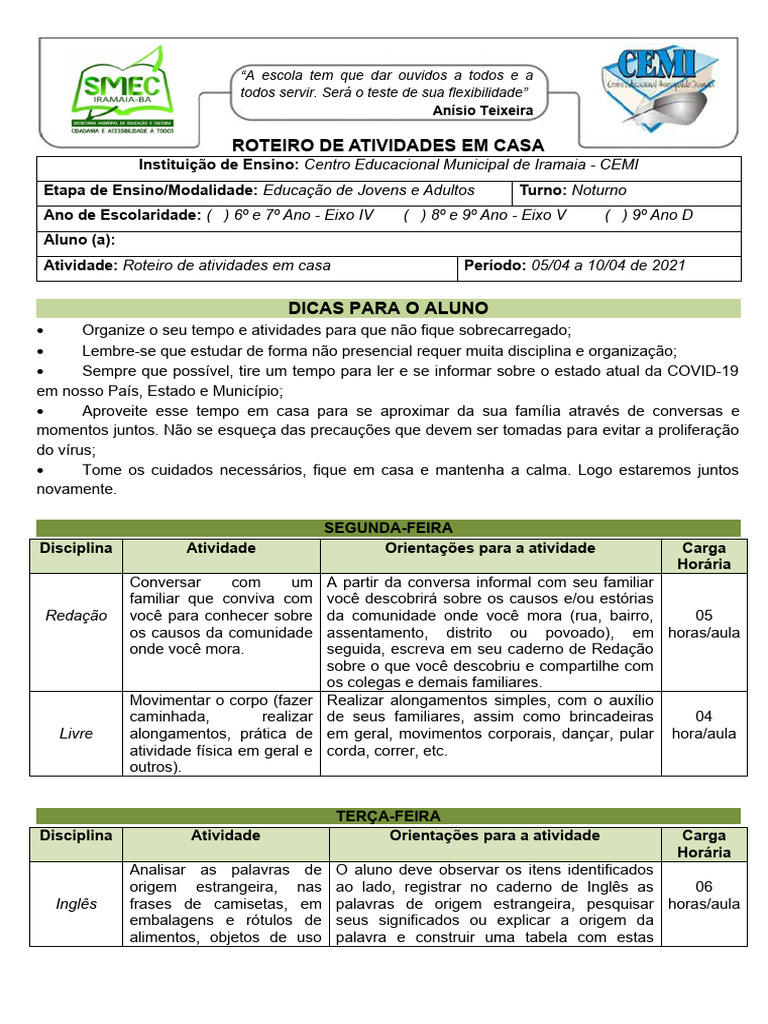 Roteiro de Estudos | PDF | Escolas