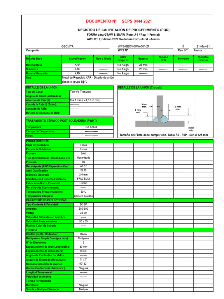 AWS D1.1 - Forma J1 - PQR SAW | Descargar gratis PDF | Soldadura | Construcción