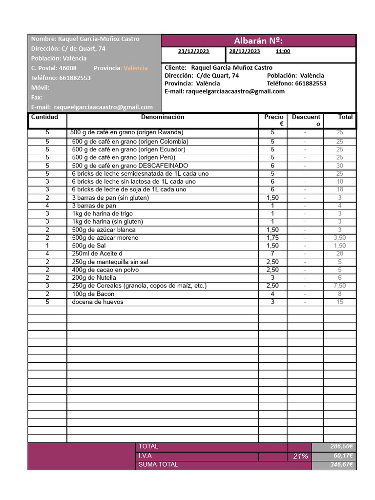 modelo-albaran.docx | PDF | Alimentos | Alimentos basicos