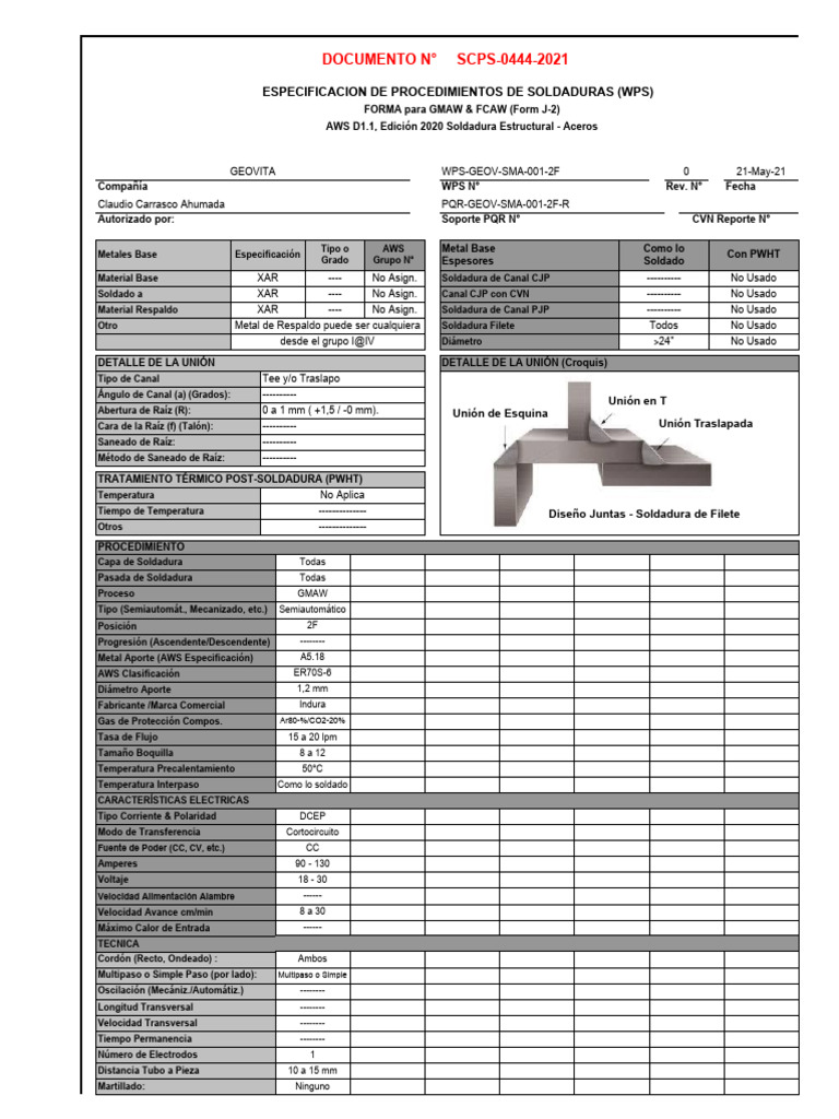 AWS D1.1 - Forma J2 - WPS GMAW - FCAW | PDF | Soldadura | Construcción