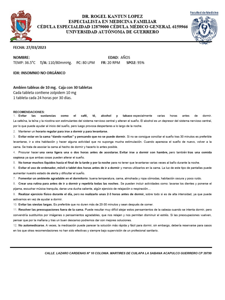 RECETA MEDICA ACAPULCO Gaby Ambien | PDF | Dormir | Cafeína