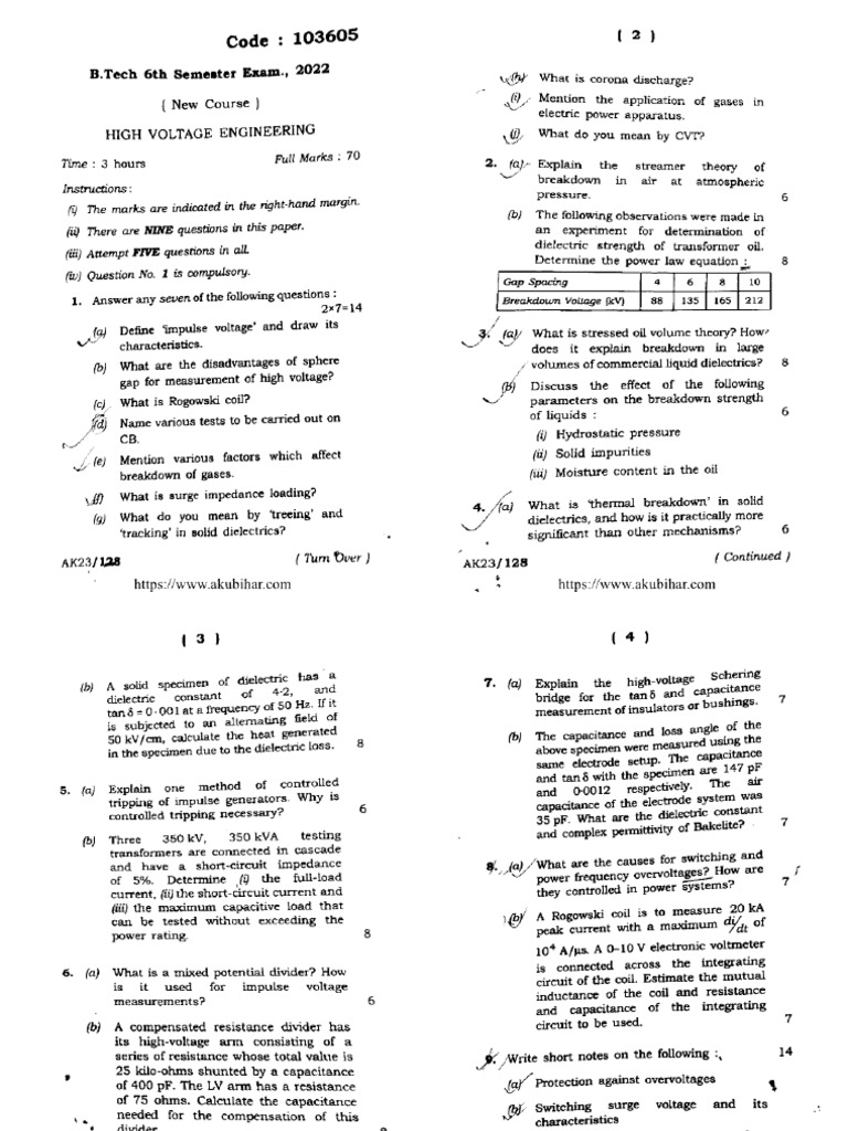 Btech Ee 6 Sem High Voltage Engineering 103605 2022 | PDF