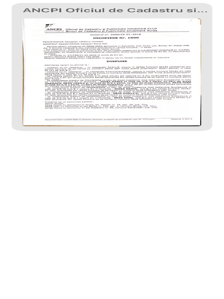 ANCPI Oficiul de Cadastru Si Publicitate Imobiliará CLUJ | PDF