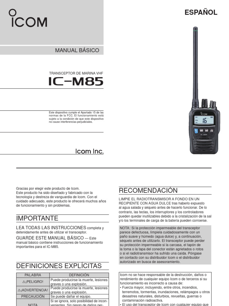 Manual Básico IC-M85 VHF Icom | PDF | Frecuencia de radio | Radio