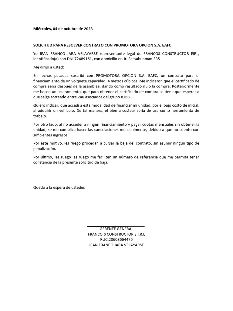 Solicitud para Resolver Contrato Con Promotora Opcion S | PDF