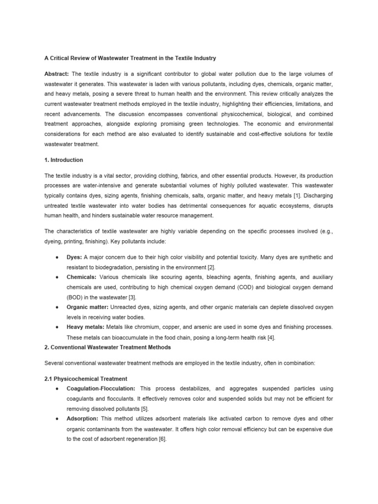 A Critical Review Of Wastewater Treatment In The Textile Industry Pdf