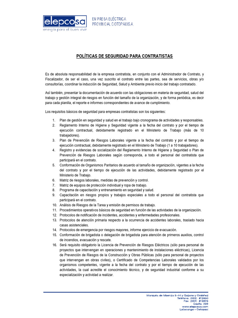 Políticas de Seguridad para Contratistas | PDF | Derecho laboral