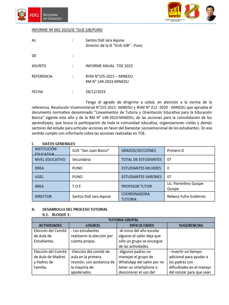 Informe #001 Tutoria | PDF