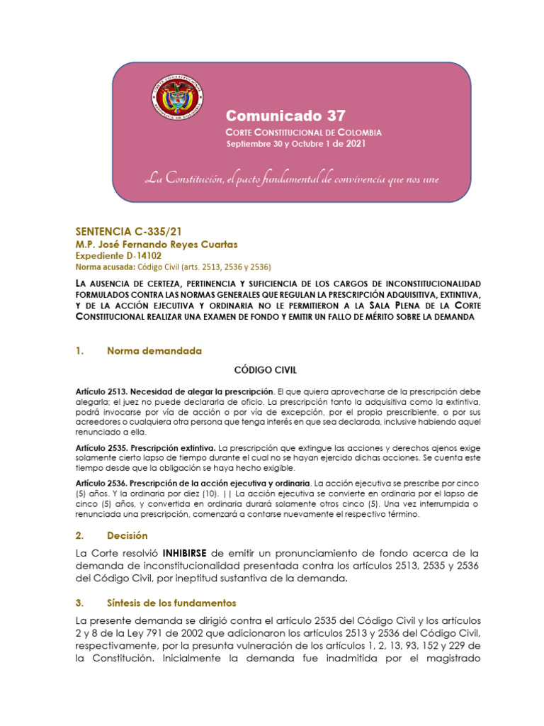 Comunicado 36 - Septiembre 30 y Octubre 1 de 2021 | PDF | Caso de ley | Estatuto de limitaciones