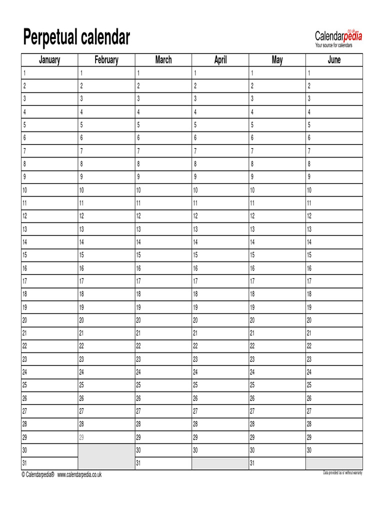Perpetual Calendar Landscape 2 Pages | PDF