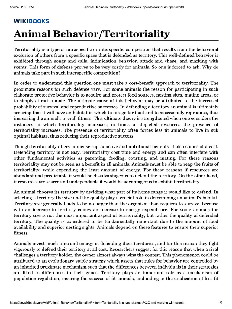 Animal Behavior Territoriality | PDF