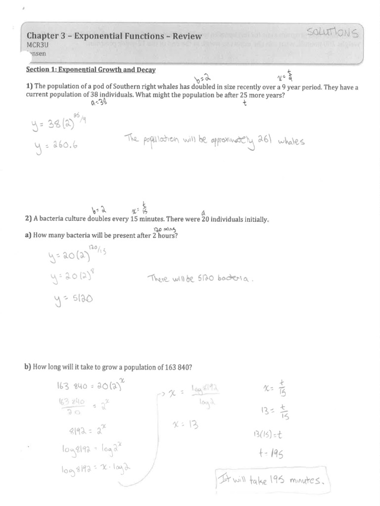 Chapter 3 Exponential Functions Review SOLUTIONS | PDF