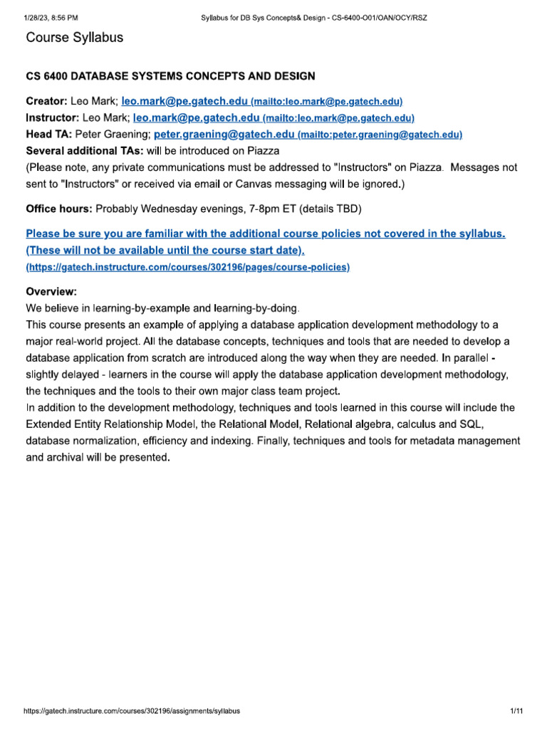 Syllabus For DB Sys Concepts& Design - CS-6400-O01 | PDF