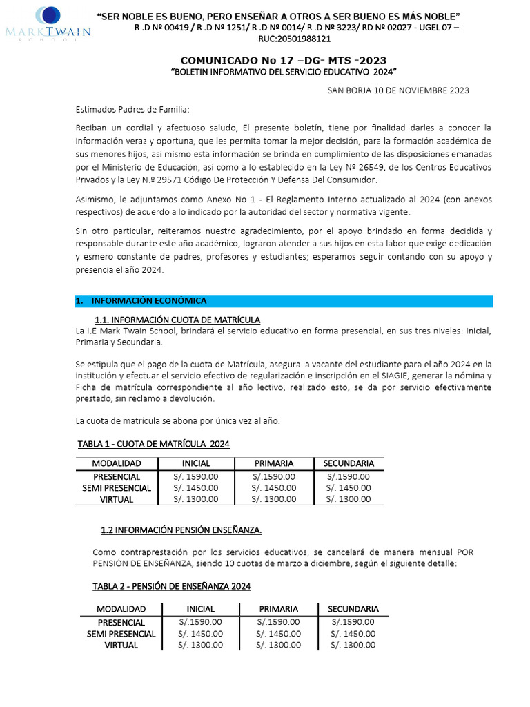 Comunicado Nâ° 017 - Boletin Informativo - Informaciã - N Econã - Mica 2024 | PDF | Evaluación ...