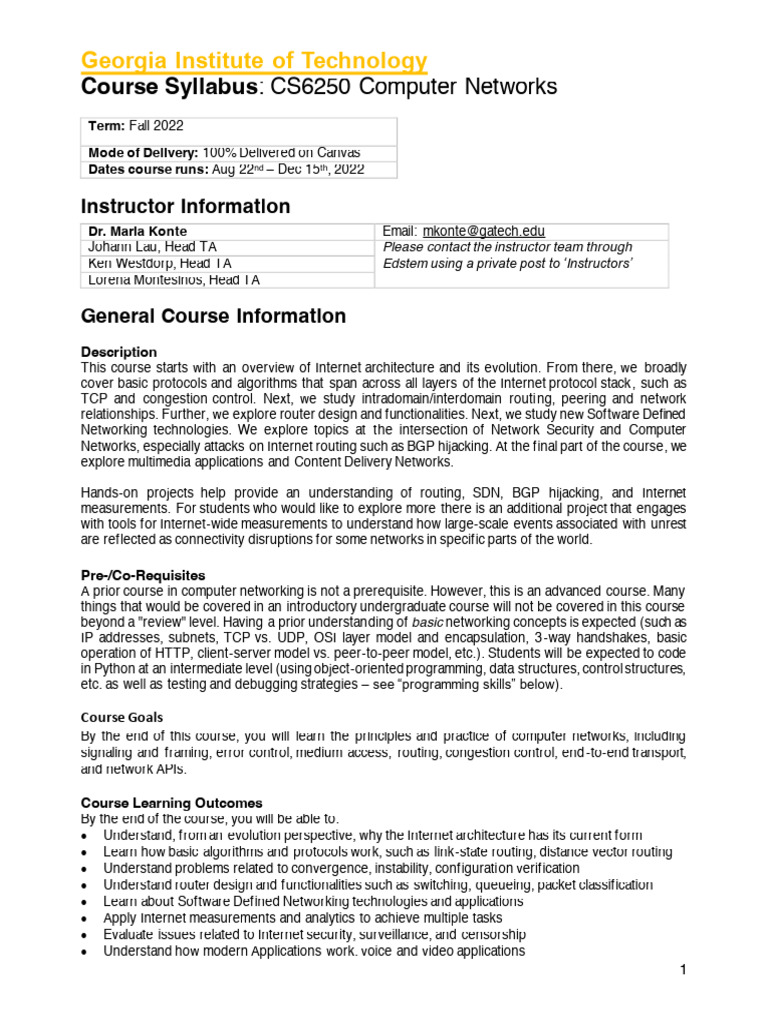 Cs6250 Computer Networks Syllabus Fall 2022 Pdf Computer Network Internet 