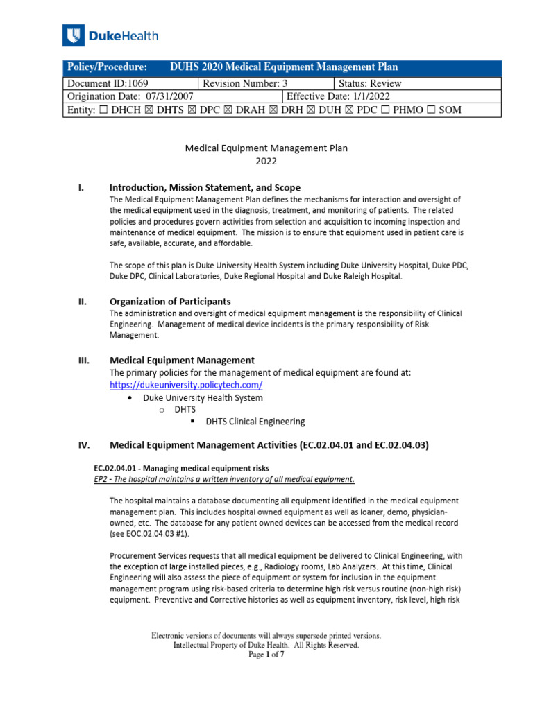 Medical Equipment Management Plan | PDF | Medical Device | Medical Imaging