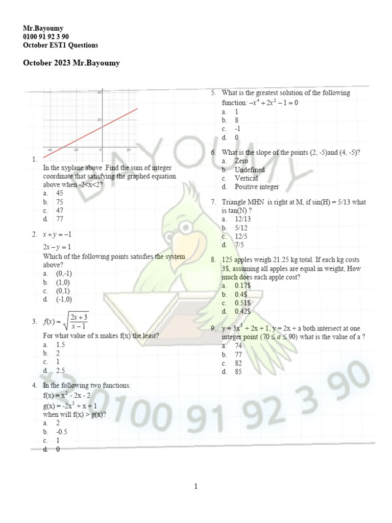 MR - Bayoumy Octo 2023 EST1 Math (Questions Coll by Students ...