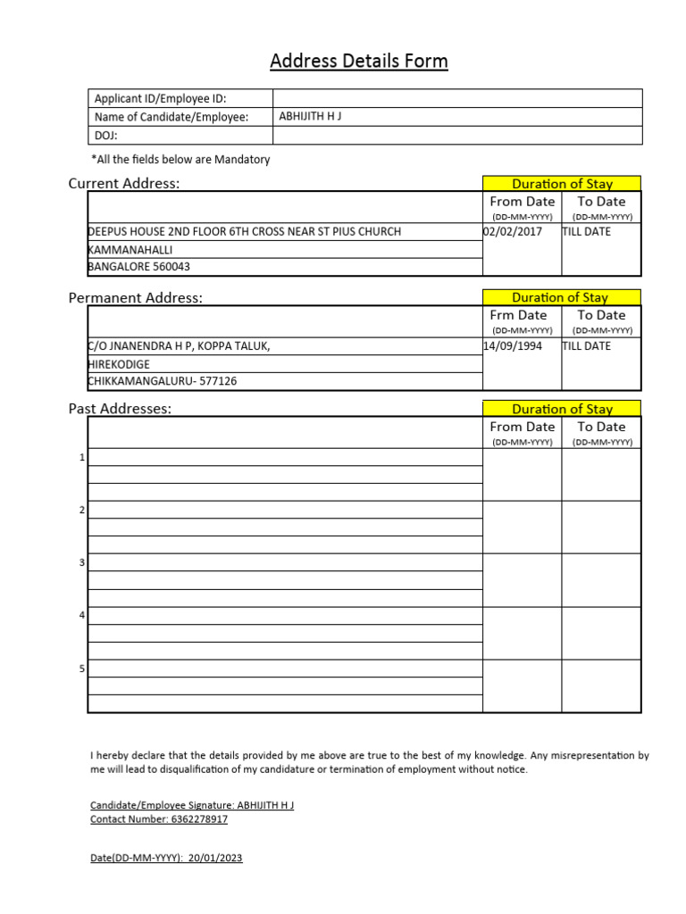 Address Details Form for Employees | PDF