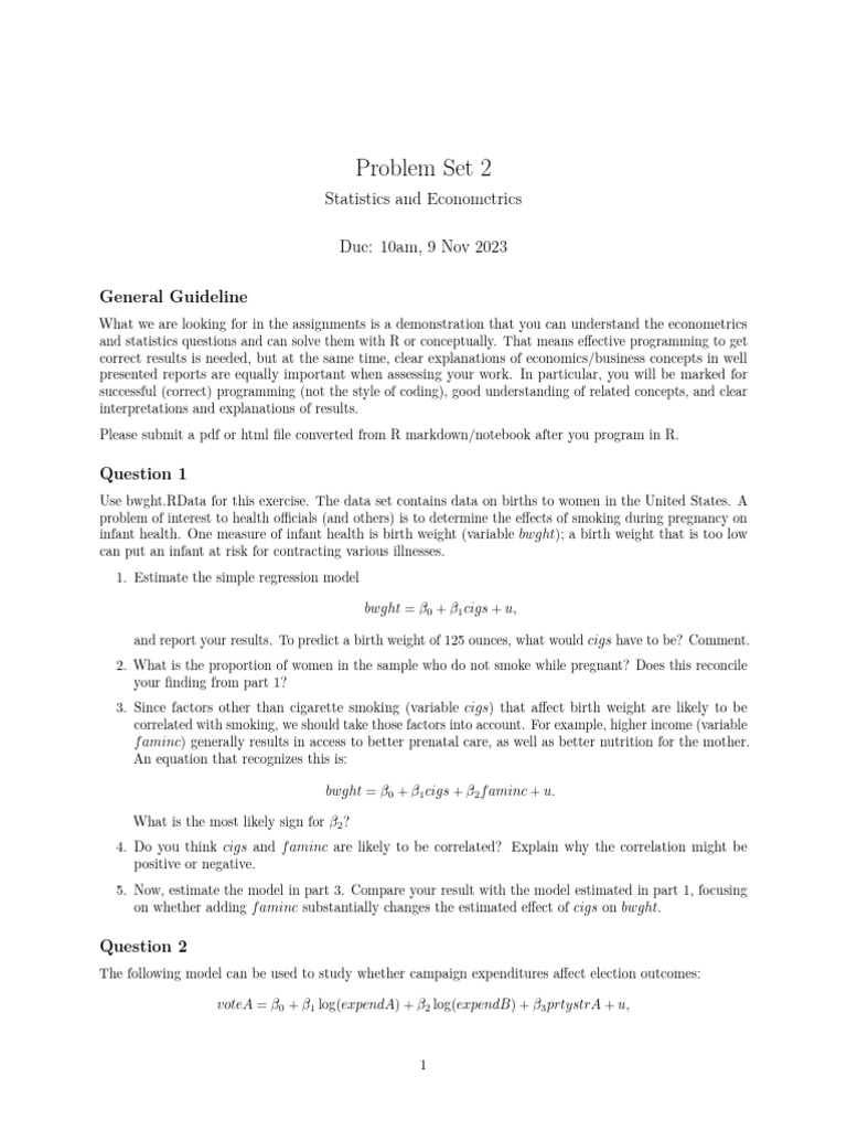 Problem Set 2: General Guideline | PDF | Hypothesis | Econometrics
