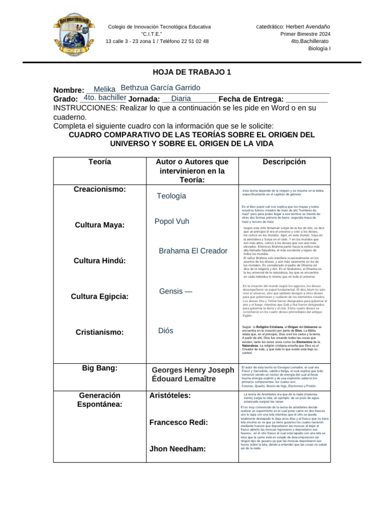 HOJA DE TRABAJO 1 Biología. Teorías Sobre El Origen de La Vida. | PDF ...