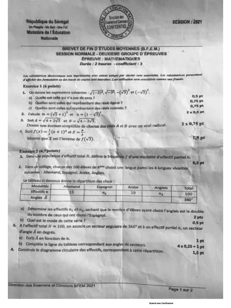 Maths 2nd Tour Bfem 2021 | PDF