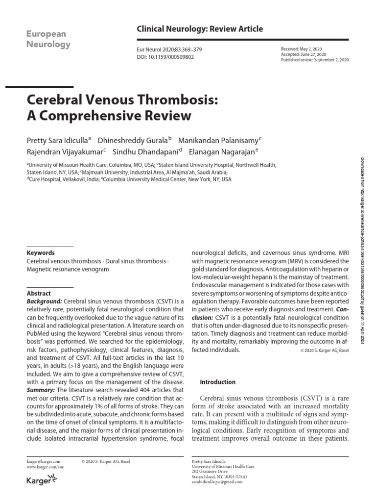 Cerebral Venous Thrombosis A Comprehensive Review Pdf Thrombosis
