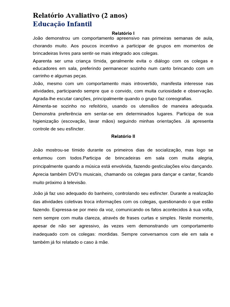 MODELOS DE RELATORIOS INFANTIL | PDF | Aprendizado | Pré-escola