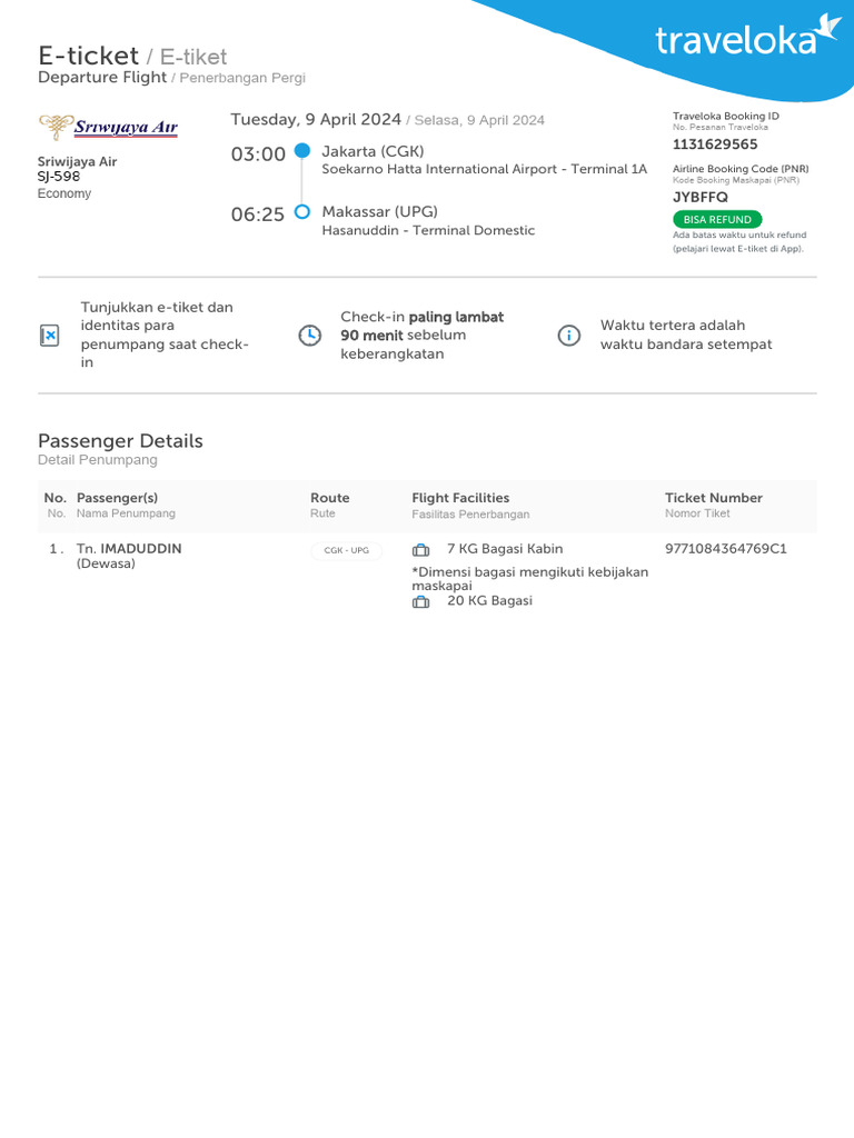 Imaduddin CGK JYBFFQ UPG FLIGHT - ORIGINATING | PDF