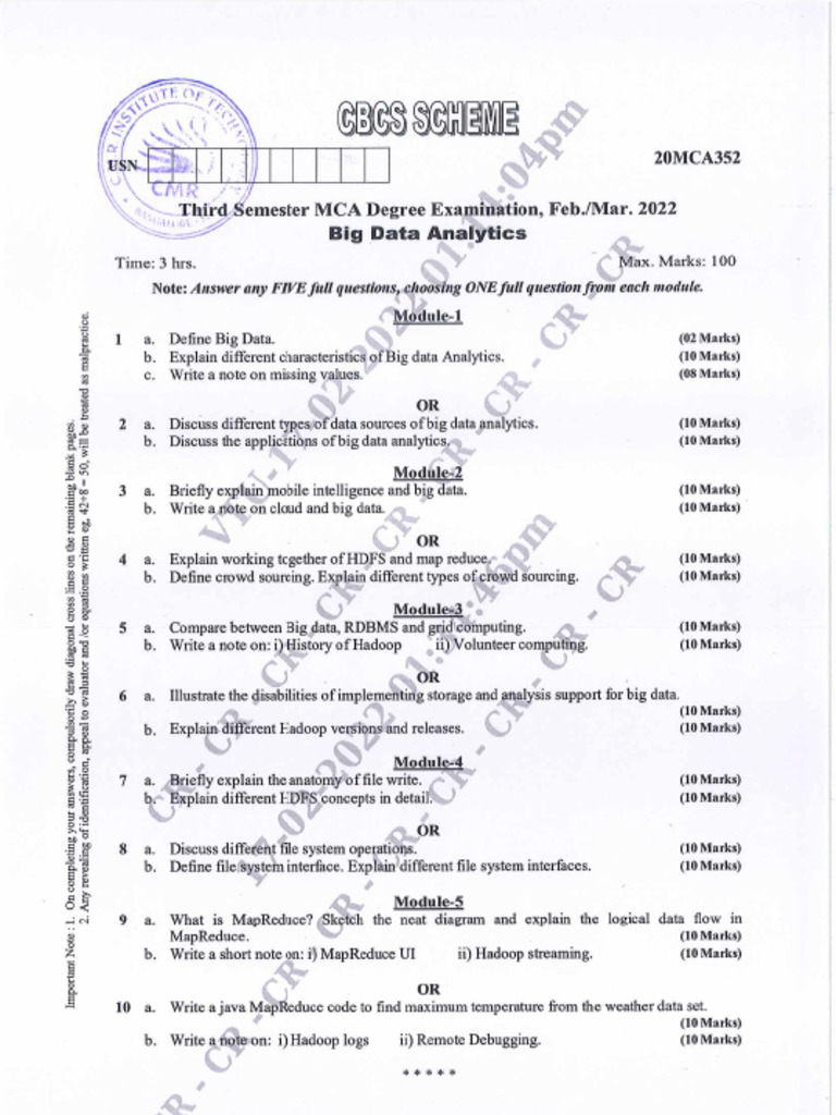 VTU Question Paper of 20MCA352 Big Data Analytics Feb-2022 | PDF
