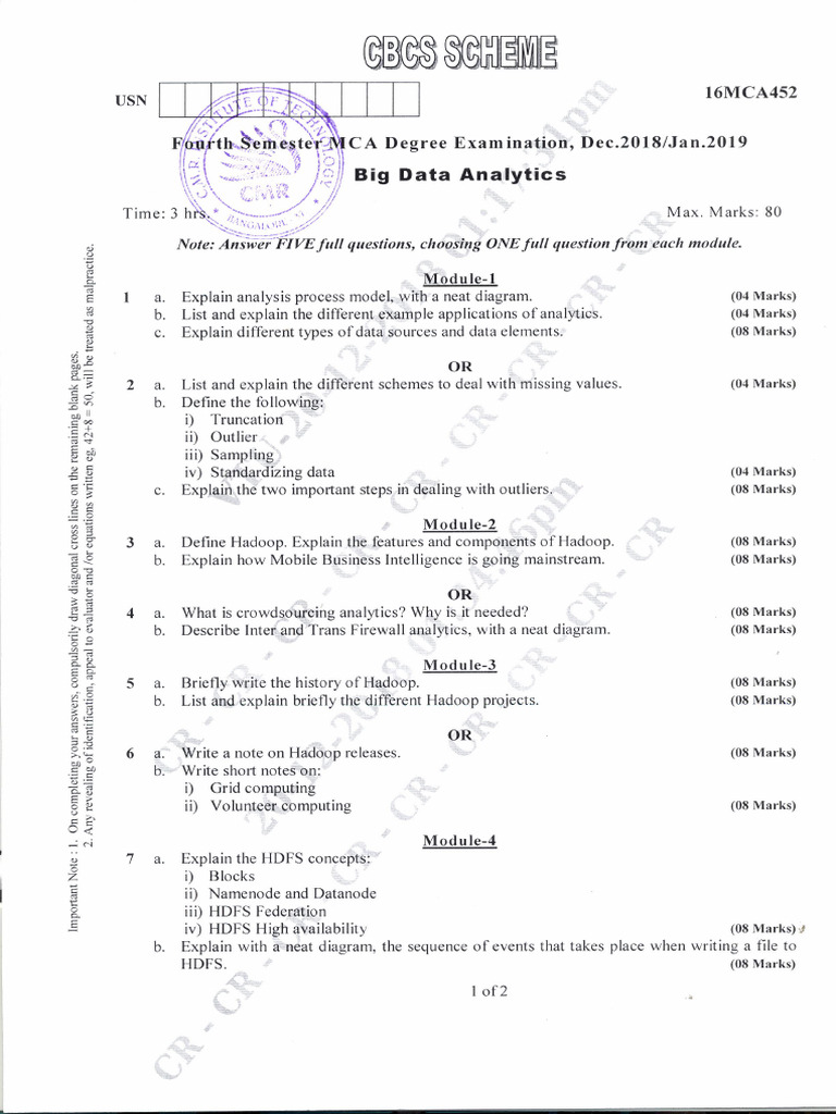 VTU Question Paper of 16MCA452 Big Data Analytics Dec-2018 | PDF