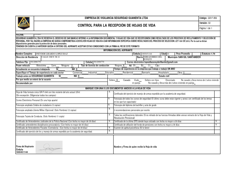 Gr-F-056.-Control-Para-La-Recepcion-De-Hojas-De-Vida-V2-2 Control Lleno Sneyder | PDF ...