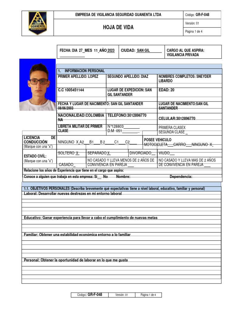 Gr f 048. Hoja de Vida v1 Formato Lleno Sneyder | PDF | Política de ...
