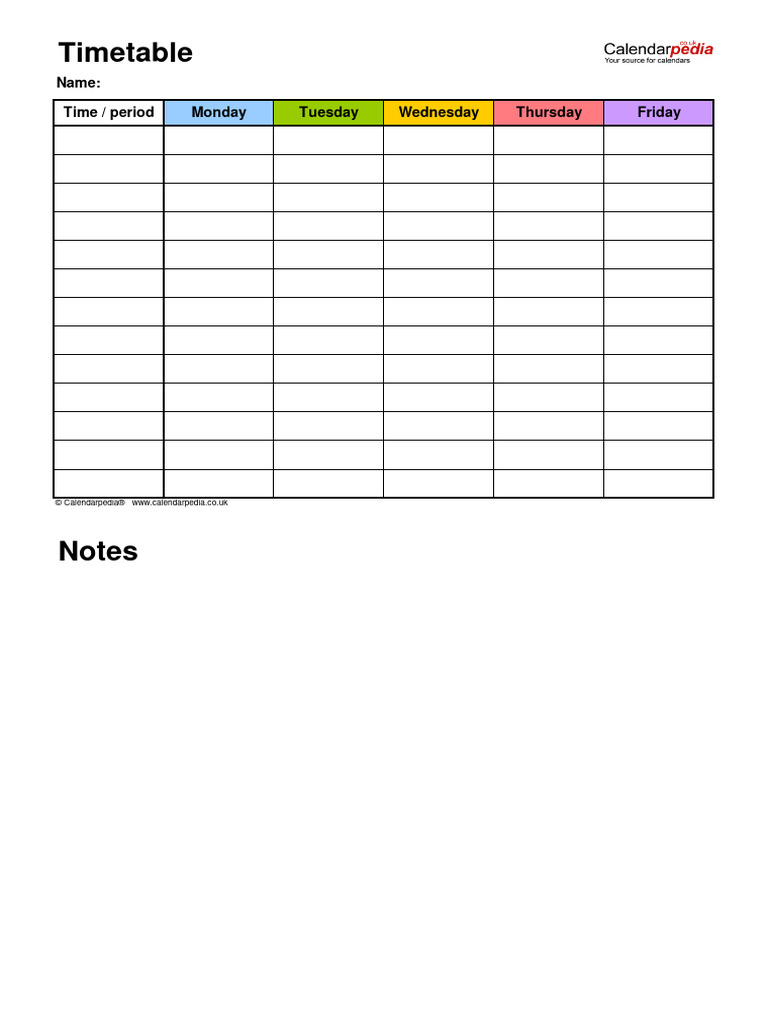 Timetable Monday to Friday With Room for Notes in Colour | PDF