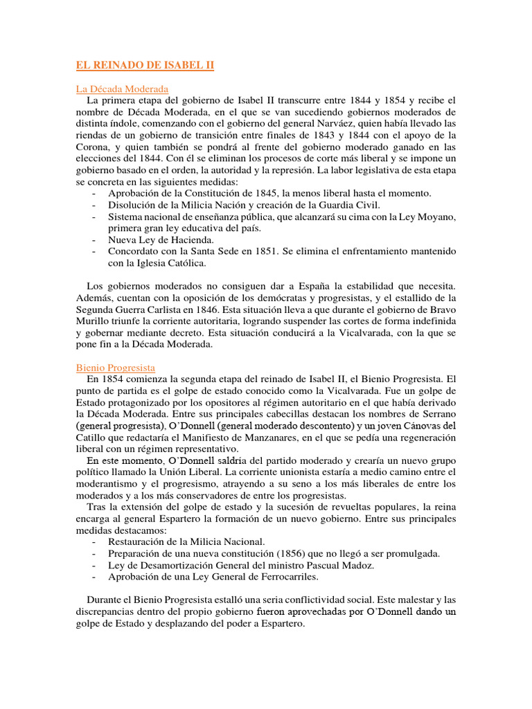 El Reinado De Isabel Ii 2 Bach Pdf España Política De España