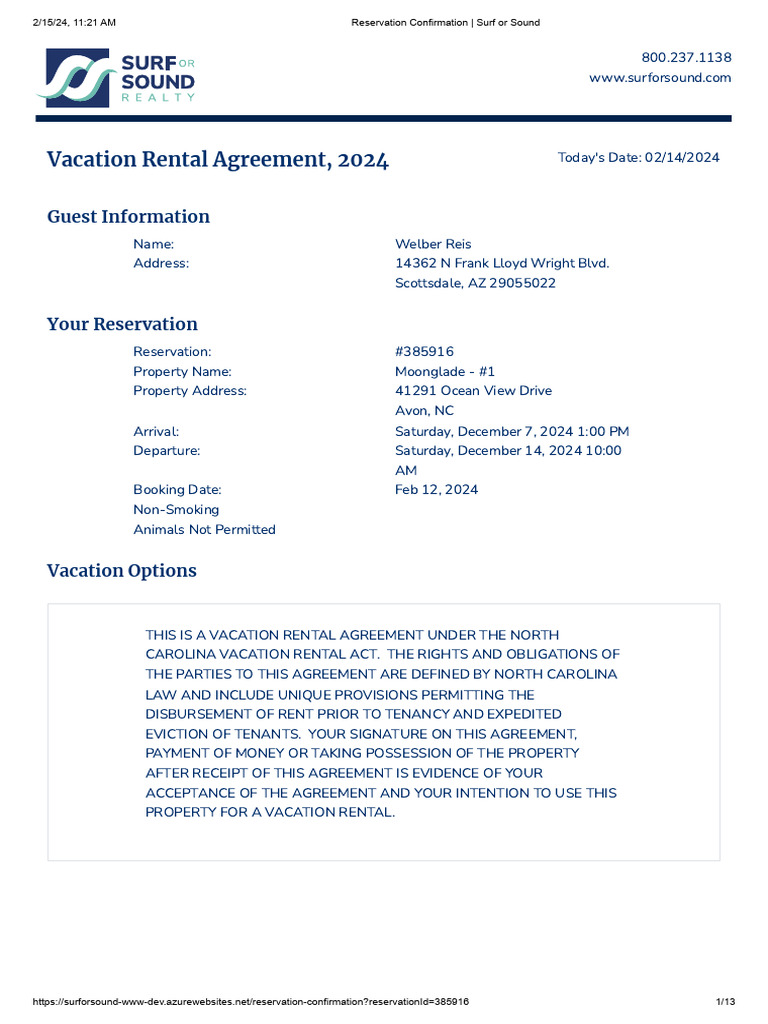 Vacation Rental Confirmation | PDF | Credit Card | Lease