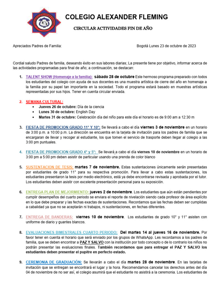 Circular Actividades Final de Año 2023 | PDF
