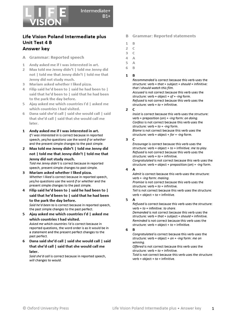Life Vision Poland Unit Test 4B Answers | PDF | Verb | Adjective
