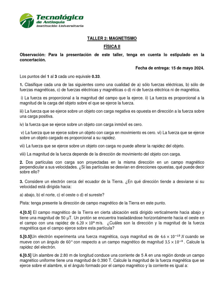Taller2 Tdea Magnetismo | PDF | Fuerza | Campo magnético