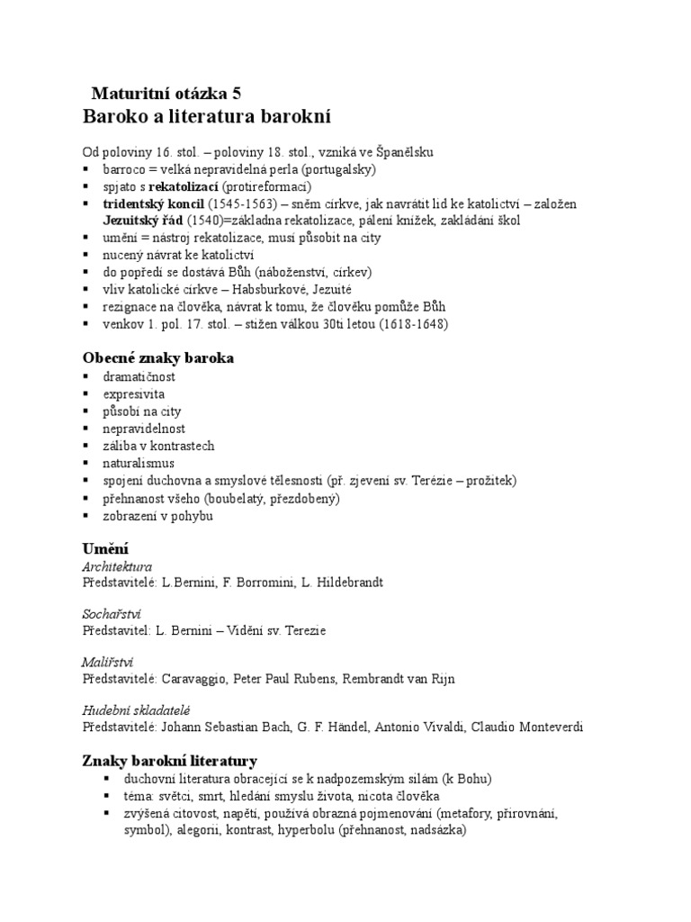 Baroko A Literatura Barokní: Maturitní Otázka 5 | PDF