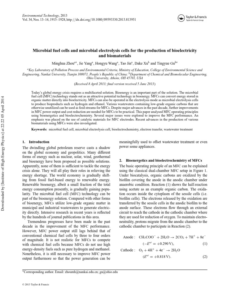 2013 Microbial Fuel Cells and Microbial Electrolysis Cells For The Production of Bioelectricity ...